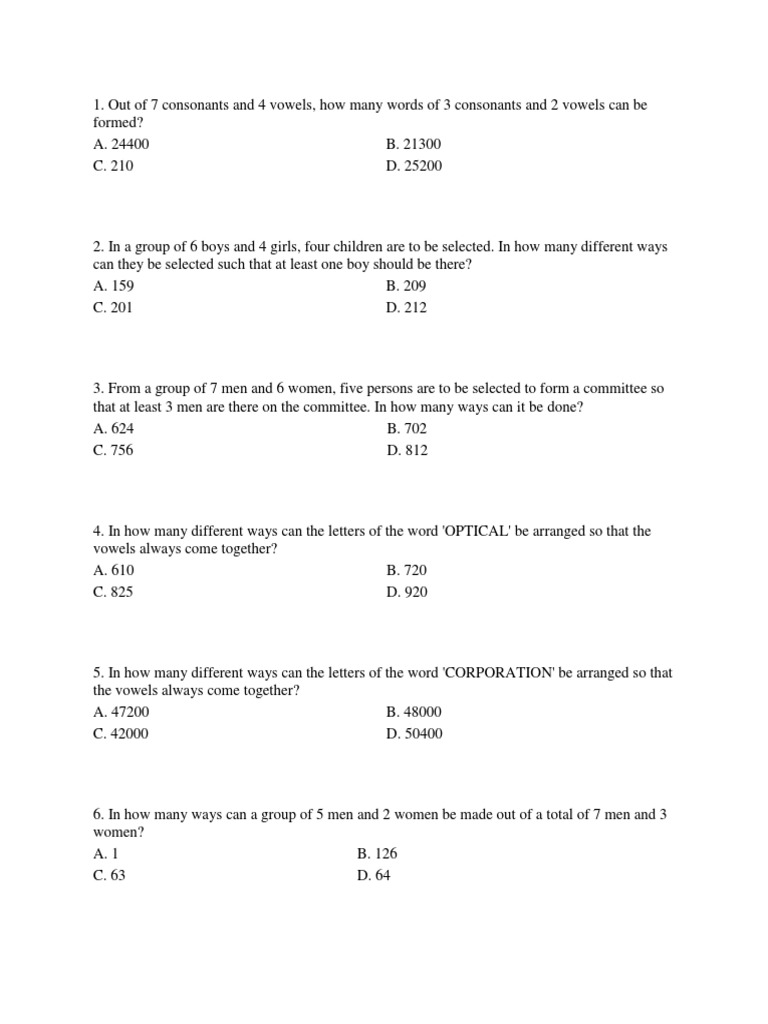 Permutation and Combinations Questions | Download Free PDF | Consonant | Vowel