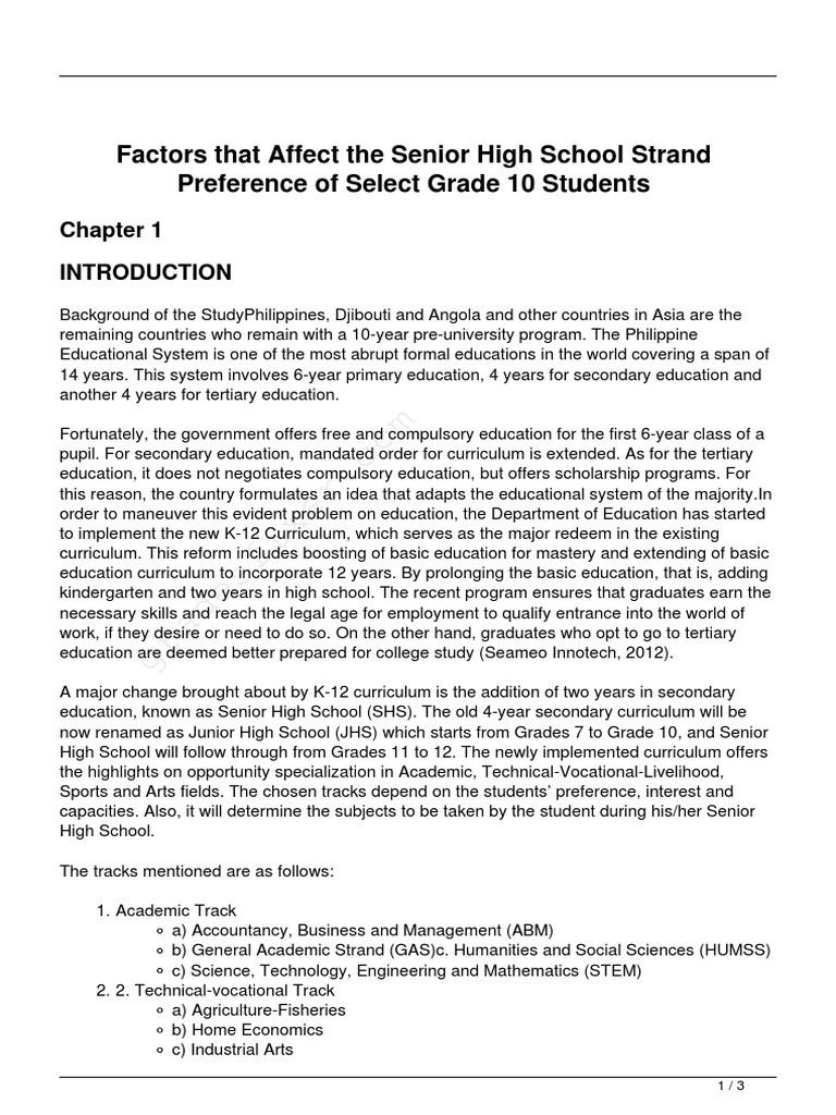 Factors That Affect the Senior High School Strand Preference of Select ...