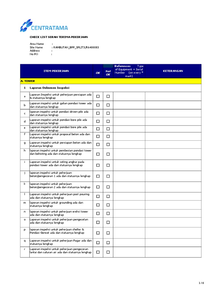 Check List Serah Terima Pekerjaan: Item Pekerjaan Keterangan References ...