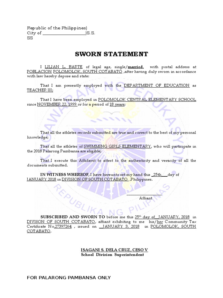 Sworn Statement - 2020 | PDF