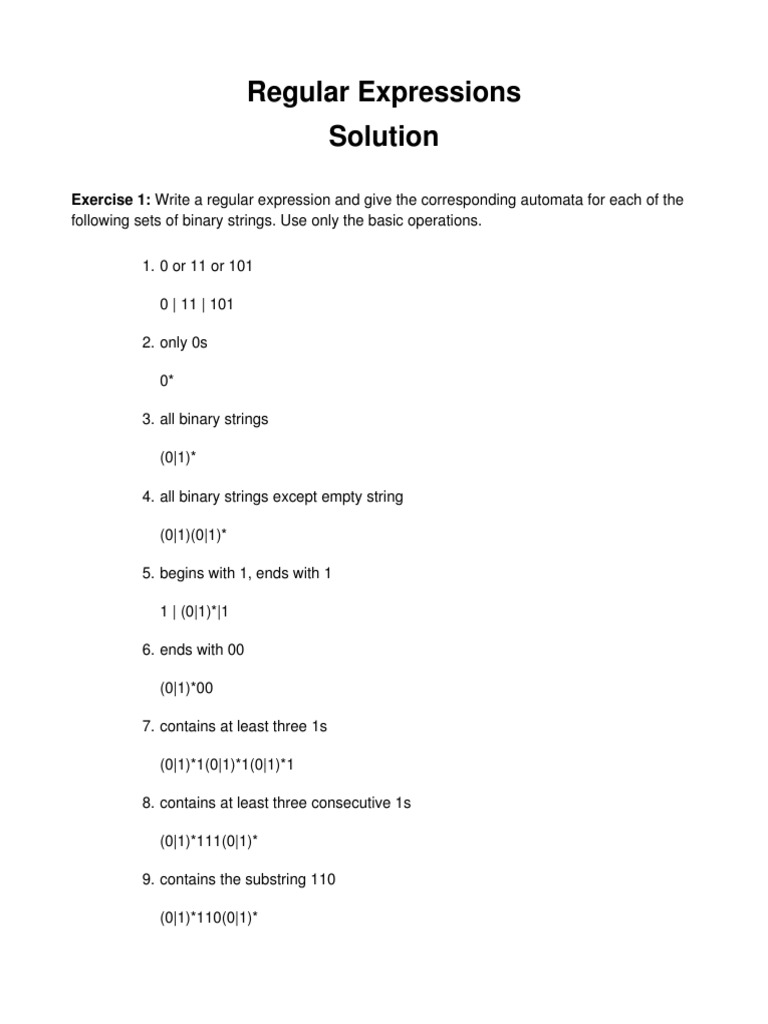 Regular Expressions Solution: Exercise 1: Write A Regular Expression and Give The Corresponding ...