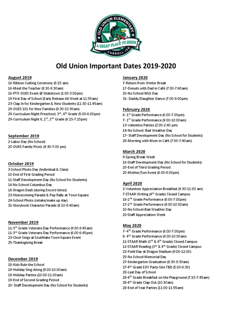 2019-2020 Important Dates | PDF | Educational Years | Behavior Modification