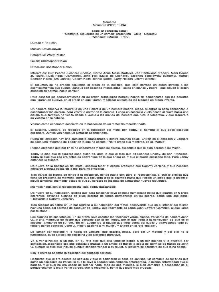 Sinopsis de Memento: Resumen y Análisis | PDF