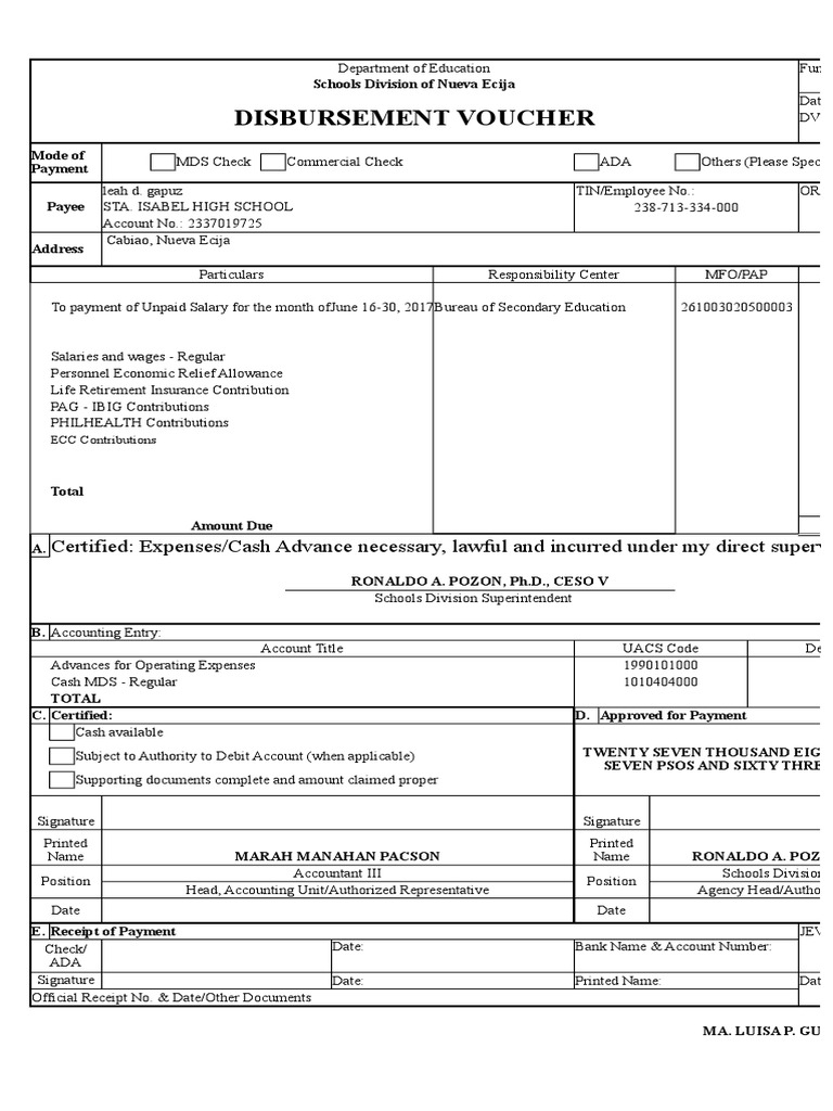 Disbursement Voucher: Certified: Expenses/Cash Advance Necessary ...