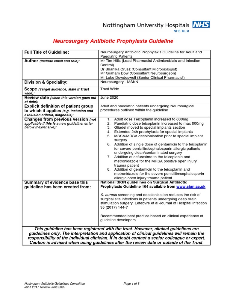 Surgical Antibiotic Prophylaxis Neurosurgery Adult and Paediatric ...