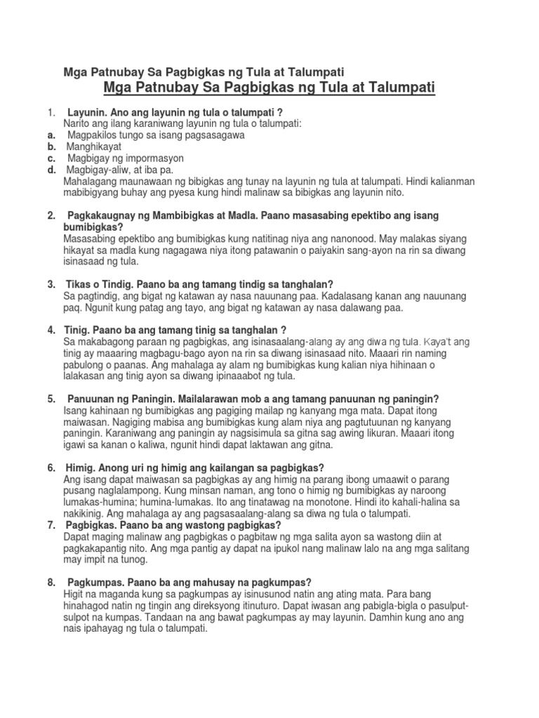 Mga Patnubay Sa Pagbigkas NG Tula at Talumpati | PDF