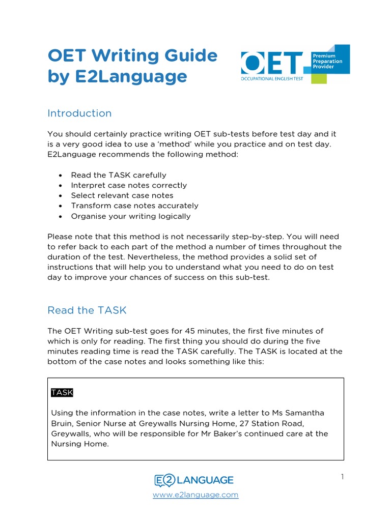 OET Writing Guide by E2Language PDF | PDF | Nursing | Noun