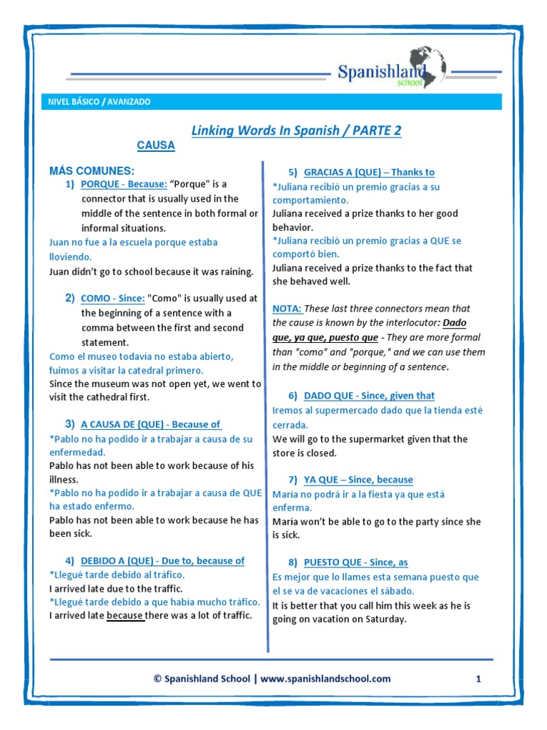 Linking Words in Spanish / PARTE 2: "Como" Is Usually Used at | PDF