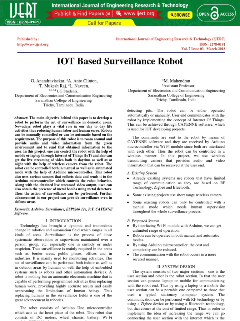 Iot Based Surveillance Robot IJERTV7IS030061 | PDF | Internet Of Things ...
