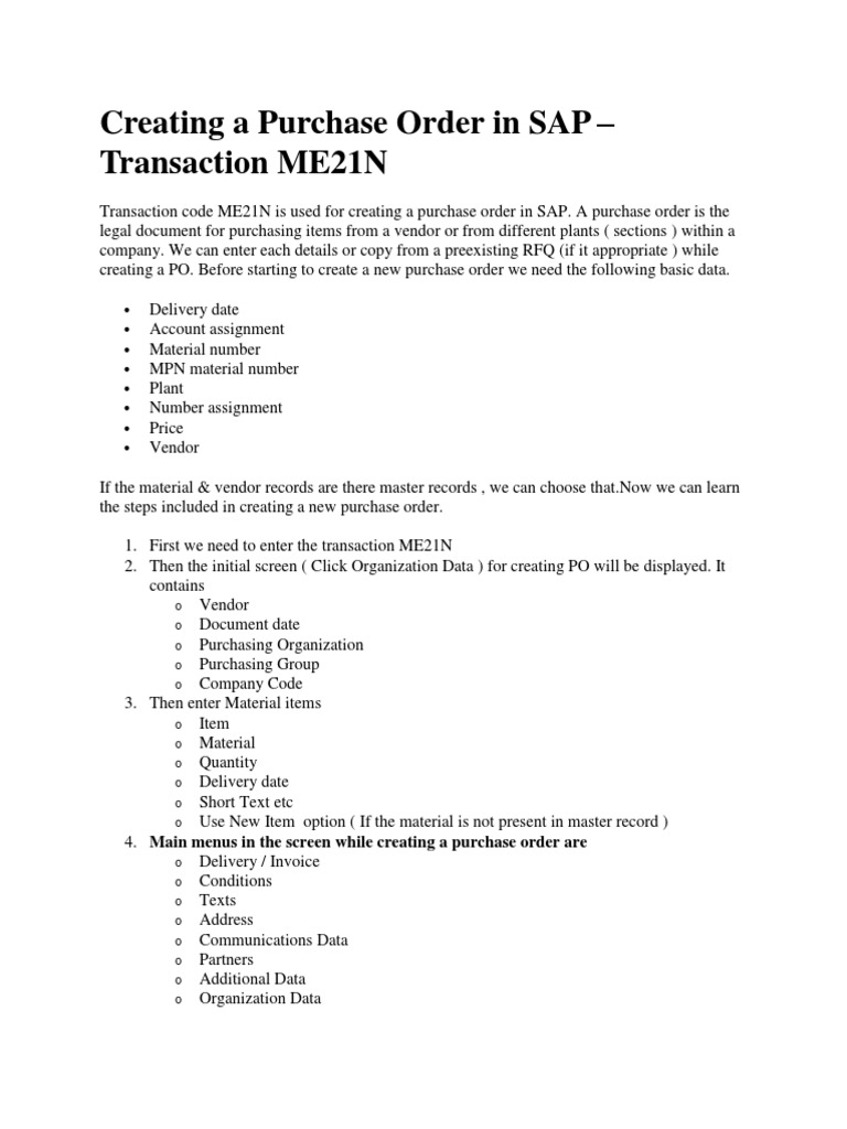 Creating A Purchase Order in SAP | PDF | Business | Finance & Money ...