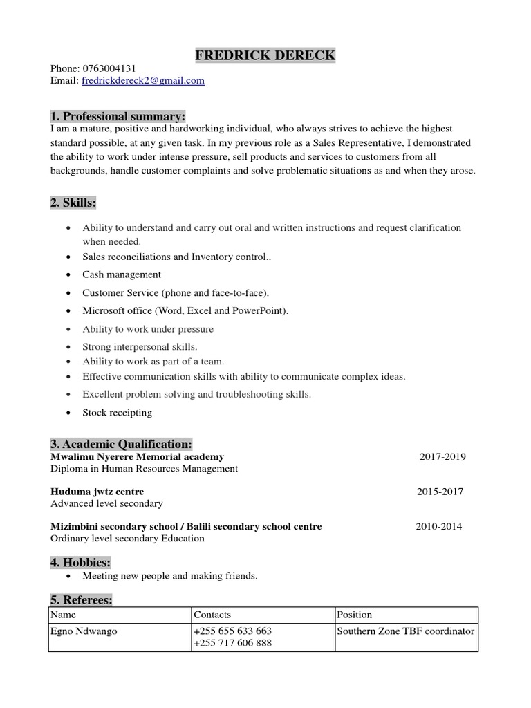 Fredrick Dereck HR Sales CV | PDF