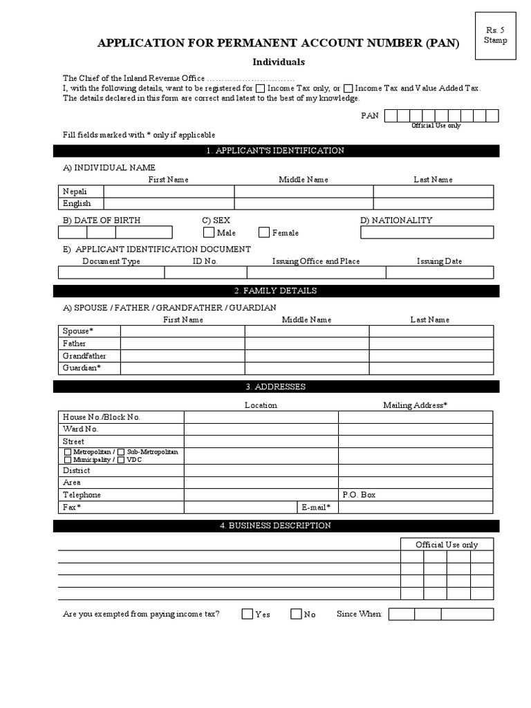 Application For Permanent Account Number (Pan) : Individuals | Download ...