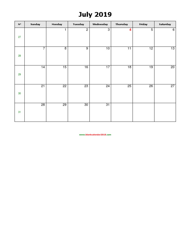 July 2019 Calendar Blank Landscape | PDF