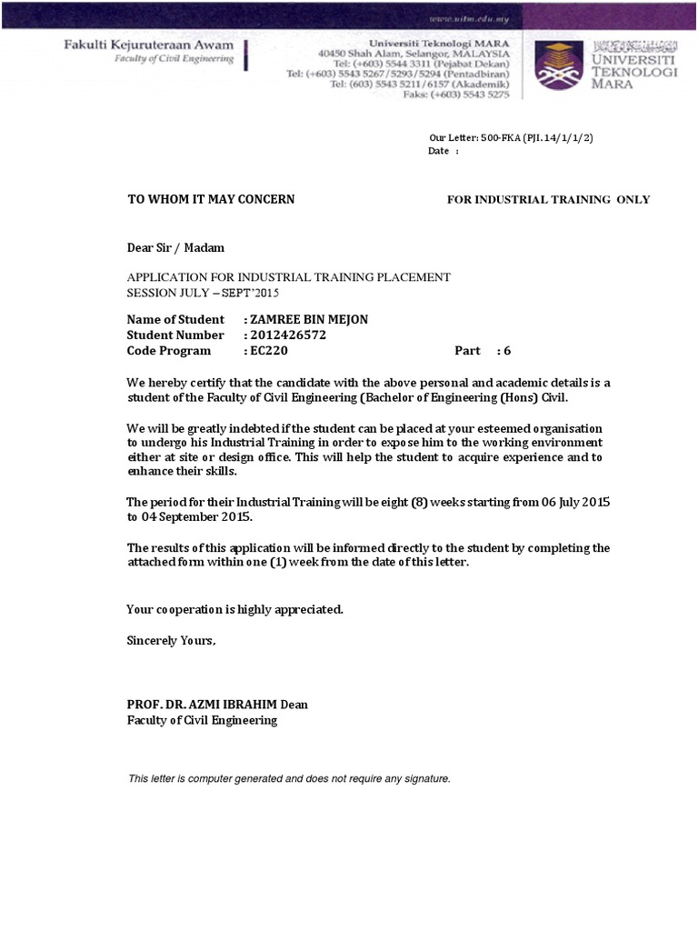 Industrial Training Placement Request | PDF | Business