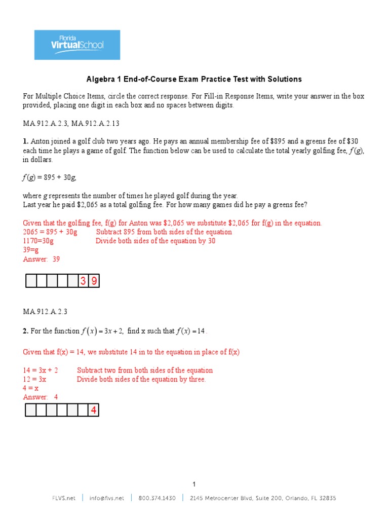 Algebra 1 Practice Test Solutions | PDF | Quadratic Equation ...