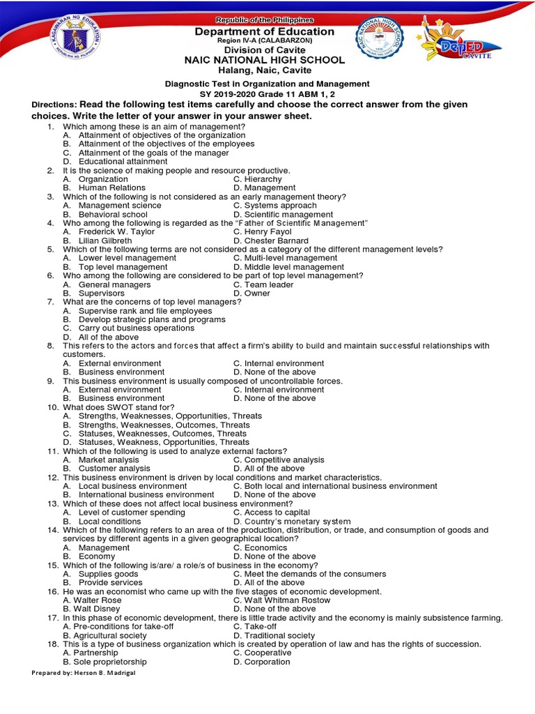 Diagnostic Test: Organization & Management | PDF | Goal | Economics