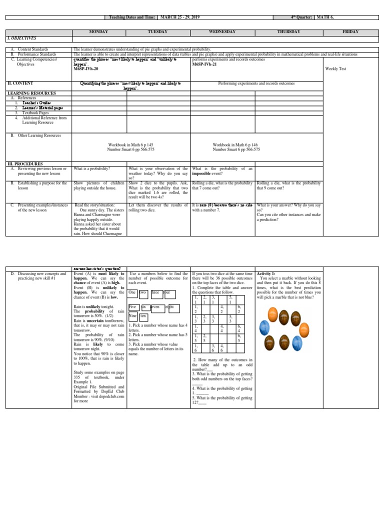 DLL - Mathematics 6 - Q4 - W10 | PDF | Odds | Probability
