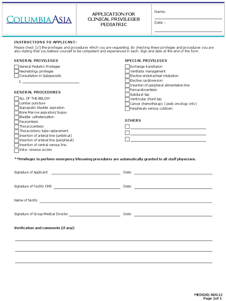 Application For Clinical Privileges Pediatric: Instructions To ...