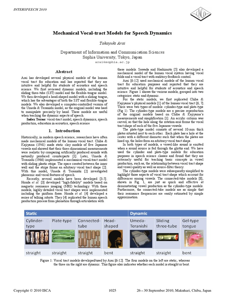 Arai 2010 Mechanical Vocal Tract Models For Speech Dynamics | PDF ...