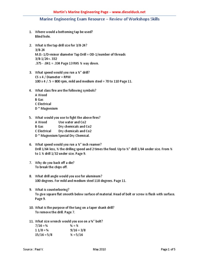 Marine Engineering Exam Resource - Review of Workshops Skills | PDF ...