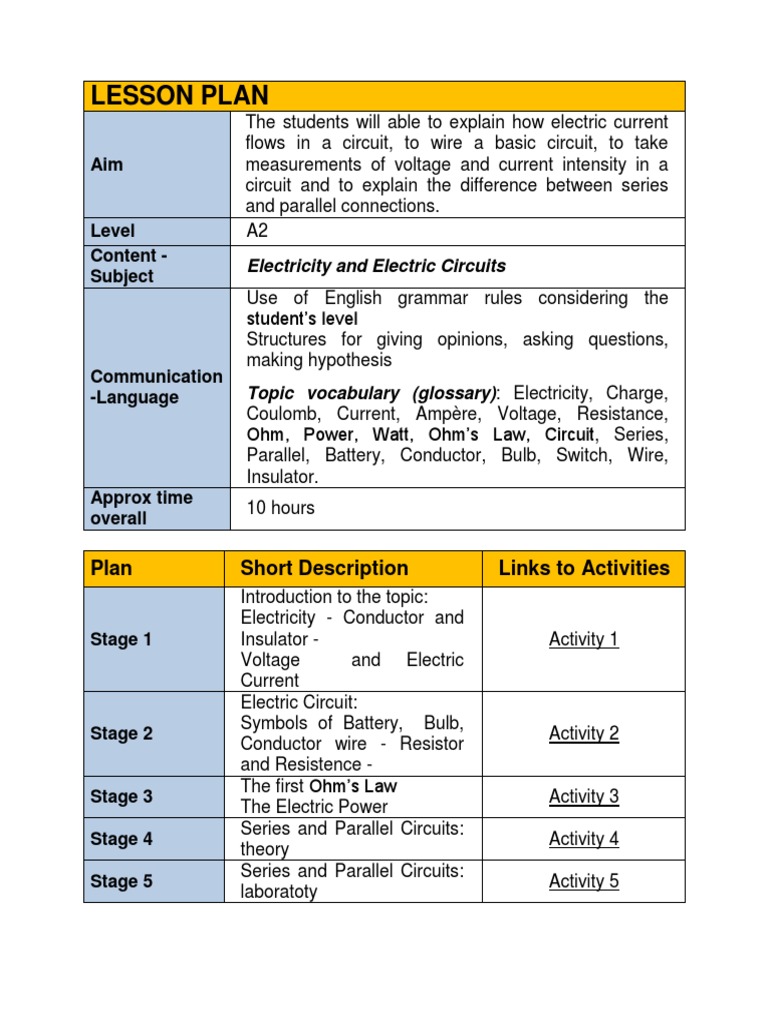 Lesson Plan: Electricity and Electric Circuits | PDF | Series And ...