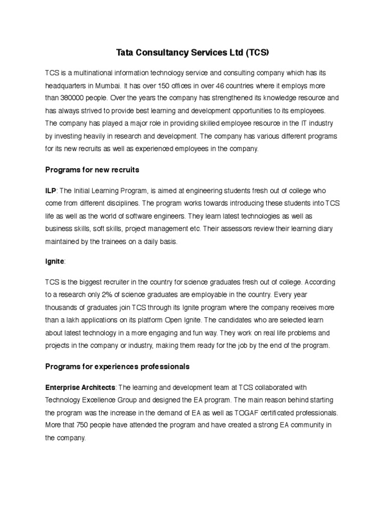 Tata Consultancy Services LTD (TCS) : Programs For New Recruits | PDF ...