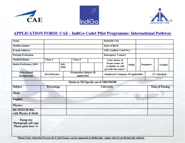 Application Form (CAE - Indigo Cadet Pilot Programme) | PDF