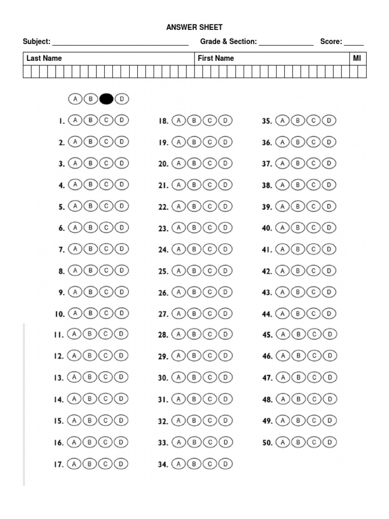 Answer Sheet Subject: - Grade & Section: - Score: - Last Name First ...