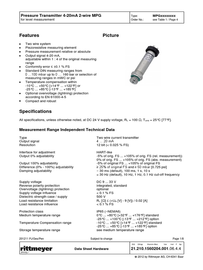 4-20mA Pressure Transmitter Data Sheet | PDF | Hertz | Electromagnetic ...