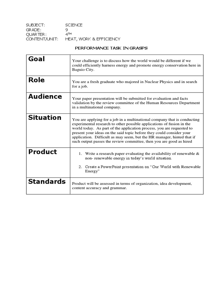 Goal Role Audience Situation: Performance Task in Grasps | PDF
