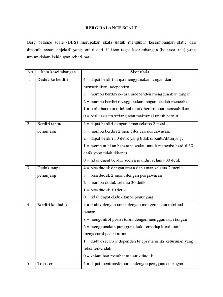 Berg Balance Scale | PDF