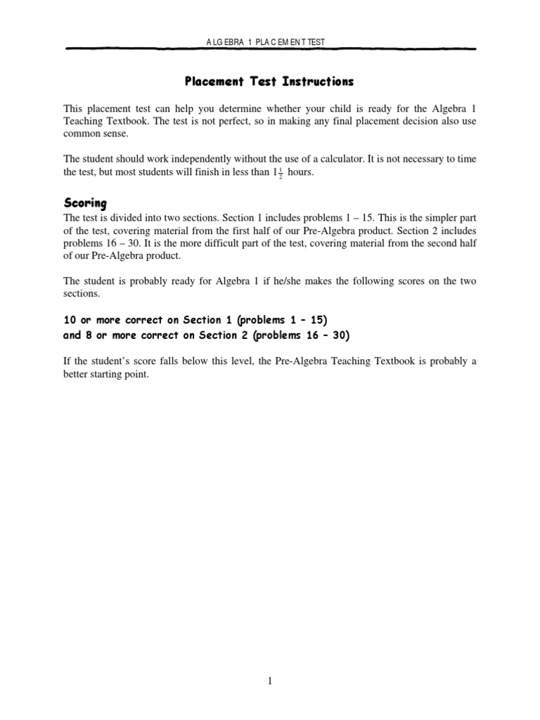 Algebra 1 Placement Test Guide | PDF | Fraction (Mathematics ...