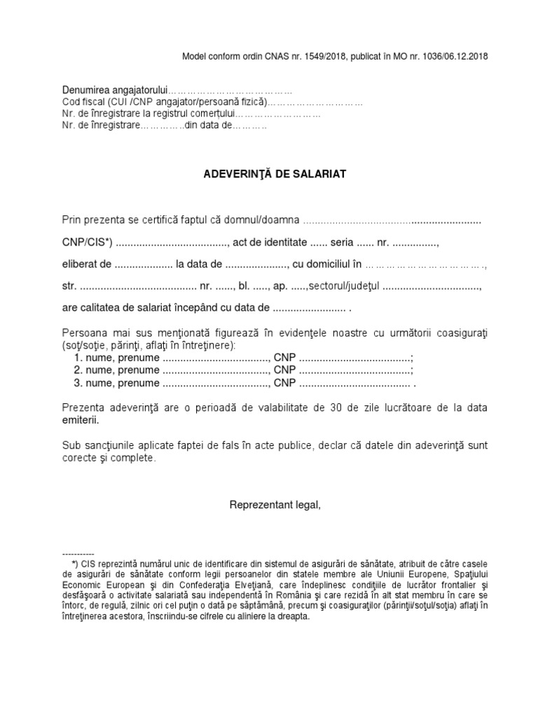 Model Adeverinta de Salariat Ordin 1549 | PDF