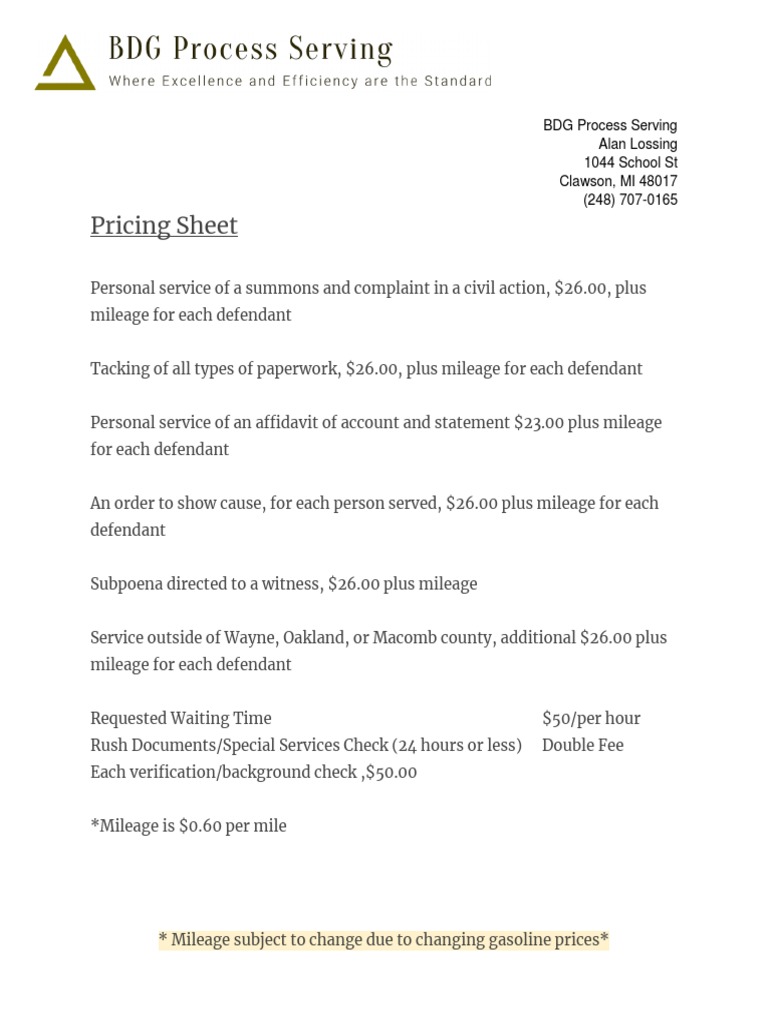 Pricing Sheet | PDF
