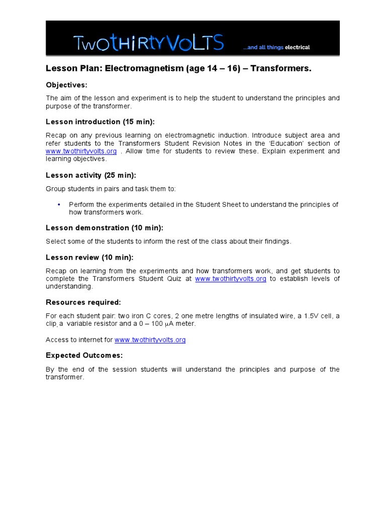 Transformers 14to16 Lesson-Plan | PDF | Transformer | Inductor