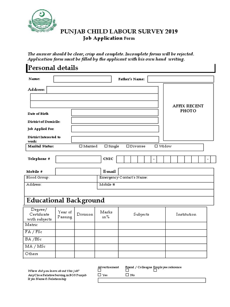 Personal Details: Punjab Child Labour Survey 2019 | Download Free PDF ...
