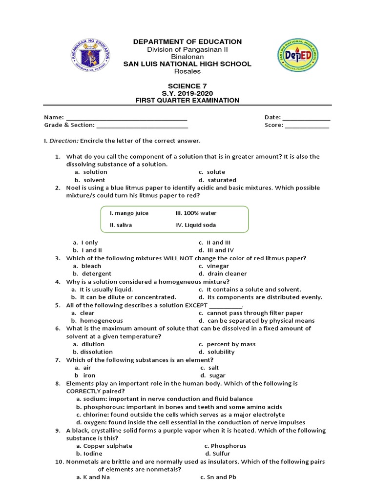 Science 7 (1st Quarter) | PDF | Solution | Metals