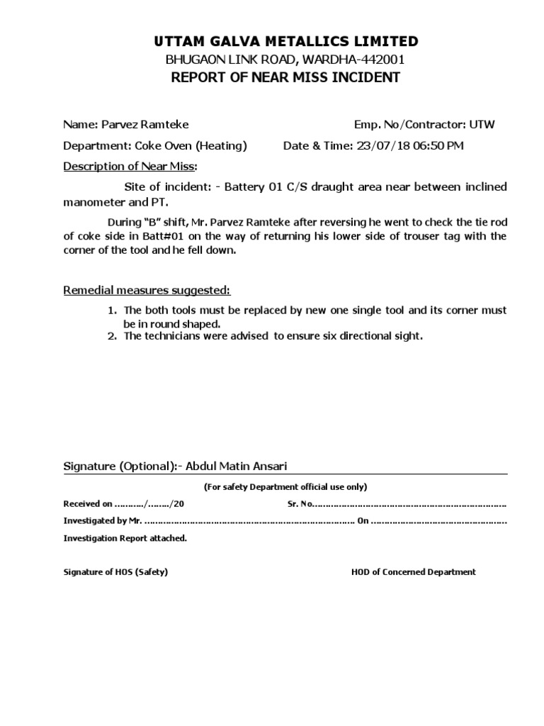 Uttam Galva Metallics Limited Report of Near Miss Incident: Bhugaon ...