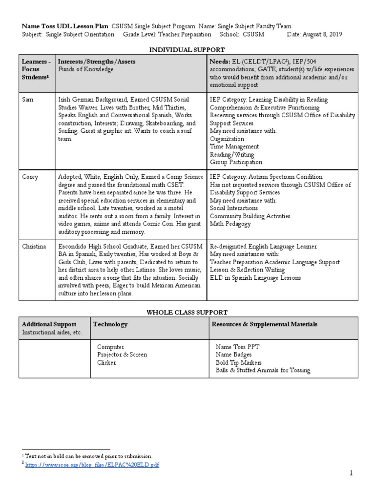Name Toss 5 Page Udl Embeded Tpa-Aligned LP | PDF | Learning | Teachers