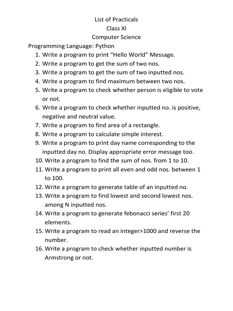 Class Xi Cs Python List Of Practicals Pdf 2839