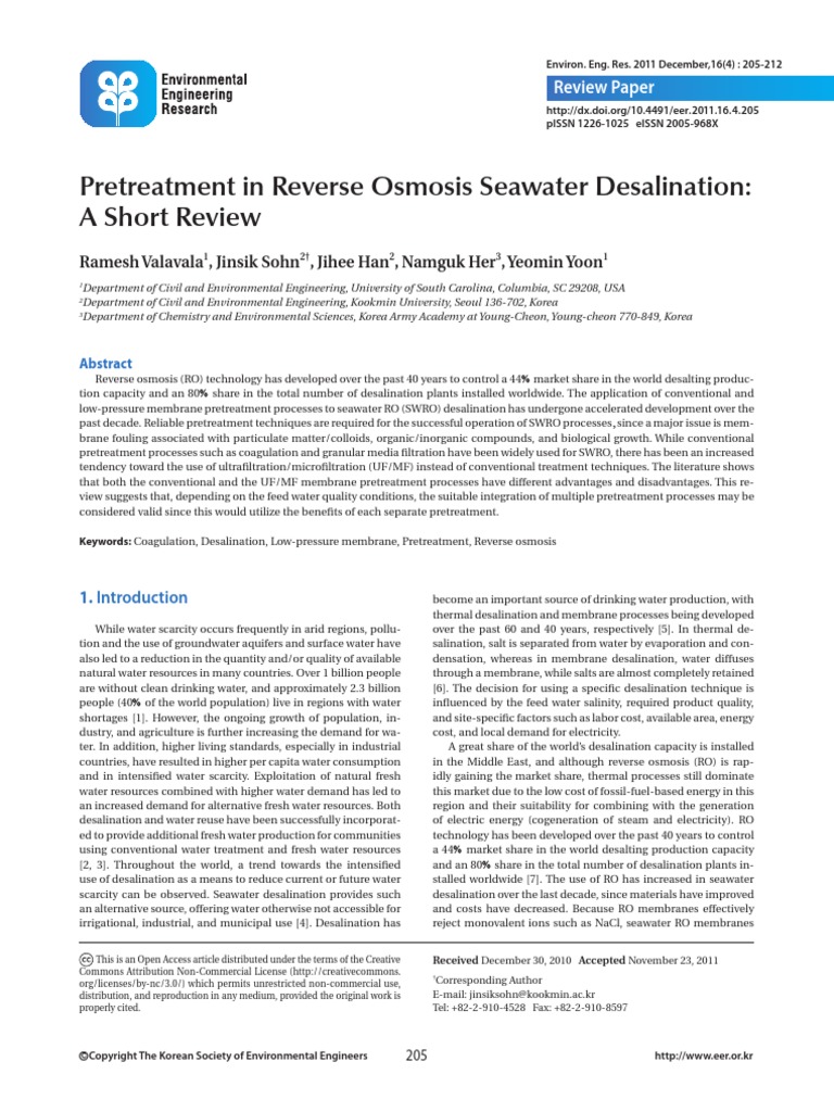 Pretreatment in Reverse Osmosis Seawater Desalination: A Short Review ...