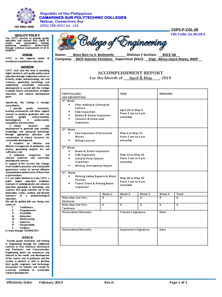 Benz' Accomplishment Report | Download Free PDF | Curriculum | Engineering