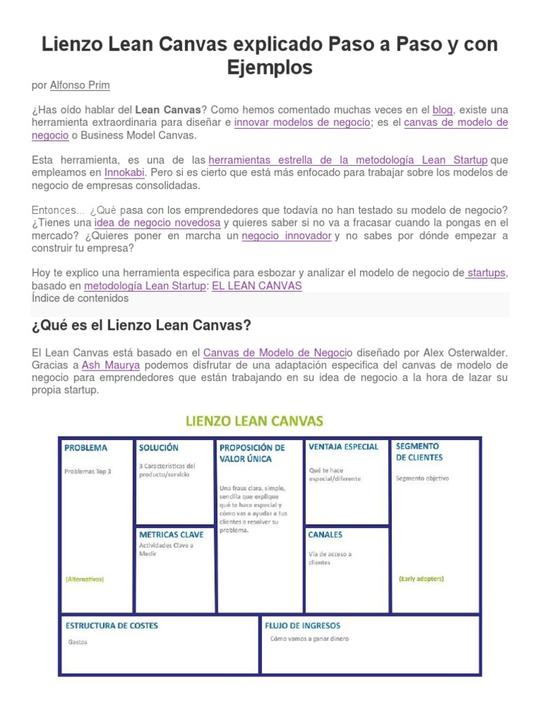 Lienzo Lean Canvas Explicado Paso A Paso y Con Ejemplos | PDF | Lean Startup | Empresa de inicio