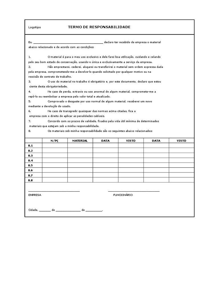 Termo De Responsabilidade Material Empresa Pdf