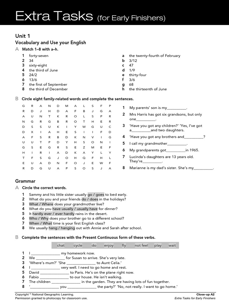 Extra Tasks For Fast Finishers A2 | PDF | English Language | Nature