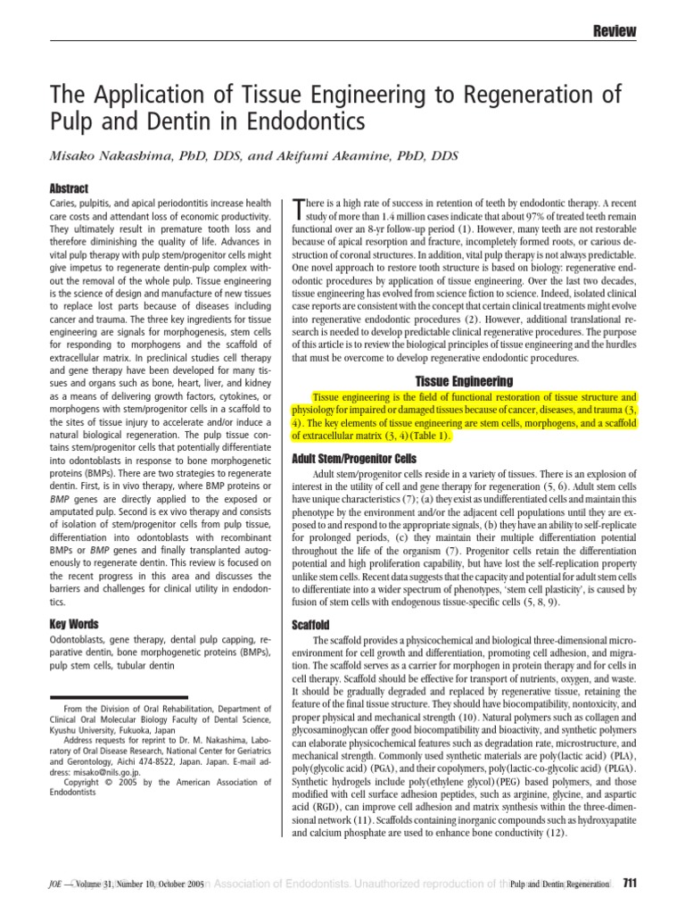 The Application of Tissue Engineering To Regeneration of Pulp and ...
