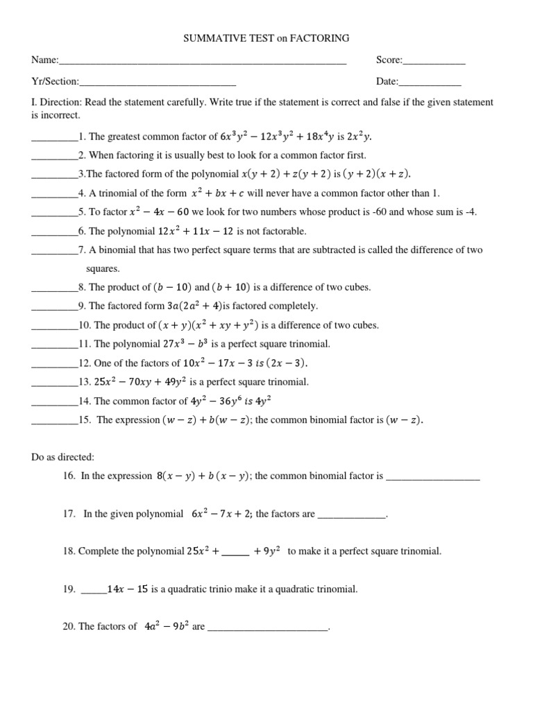 Grade 8 Factoring Test Worksheet | PDF | Factorization | Numerical Analysis