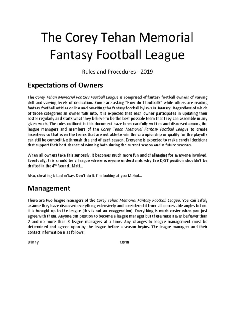 League Rules 2019 Season | PDF | Fantasy Football (American) | Touchdown