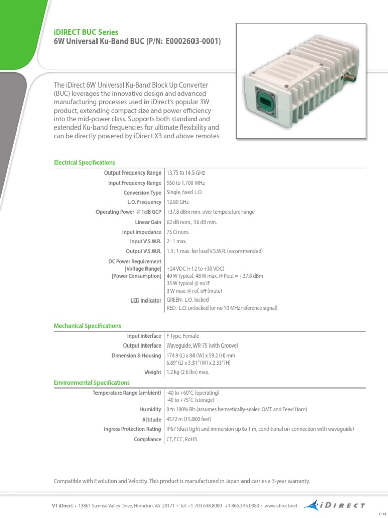 IDirect Spec Sheet 6W Uni Ku BUC 1214 | PDF | Decibel | Electrical Engineering