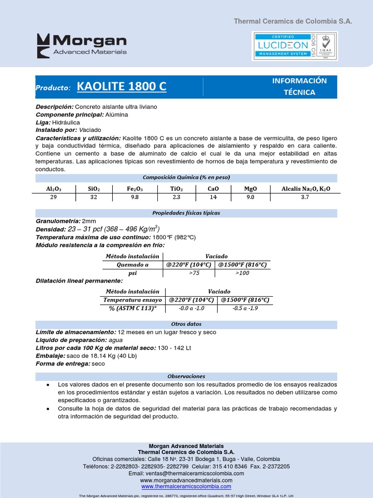 Kaolite 1800 C | PDF | Aislamiento térmico | Hormigón